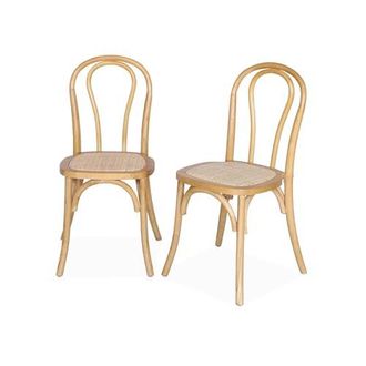 Sweeek Lot de Deux chaises Vintage en Bois avec Assise en rotin et Dossier Arrondi Coloris Naturel