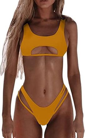 Generic Maillots De Bain Deux Pieces Femme Shorty Bandeau Bandage Ensemble Push Up Brésiliens Pièce De Remorquage (Yellow, XL)