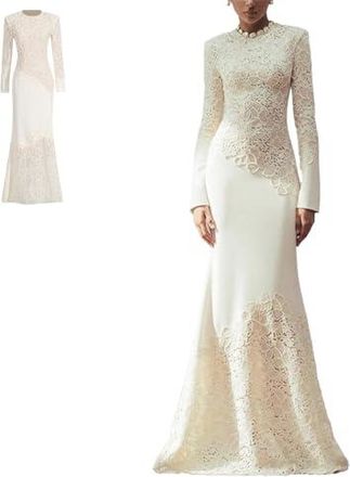 Generic Robe de soir&eacute;e &eacute;l&eacute;gante pour femme, col rond, brod&eacute;e, coupe ajust&eacute;e, style sir&egrave;ne, robe moulante, Lvory blanc., XL