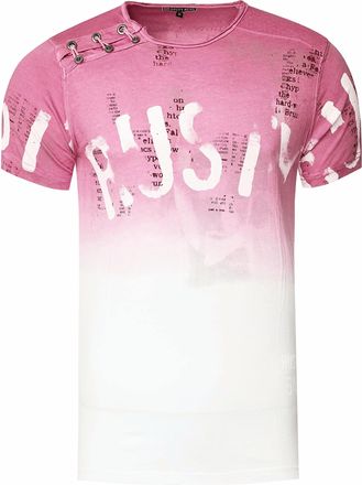 Rusty Neal Herren T-Shirt mit Seitlicher Knopfleiste Verwaschen mit Farbverlauf Rundhals Stretch Herren-T-Shirt Casual Fit 288, Farbe:Rosa, Gr&ouml;&szlig;e S-XXL:3XL