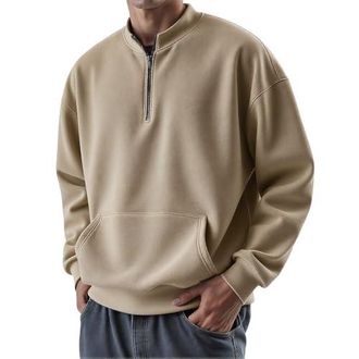 Generic Sweat-shirt sans capuche pour homme avec fermeture &eacute;clair 1/4 - Pull l&eacute;ger &agrave; manches longues - Col montant - Coupe droite - Confortable - Doux - Print