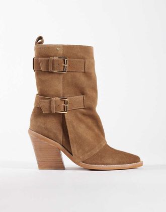 Bronx New-kole - Bottines style western en daim &agrave; boucles - Naturel-Neutre