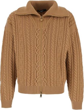Versace Homme, Pulls, Beige, Taille: S Pull Zipp&eacute; en Laine Tricot&eacute;e Brod&eacute;