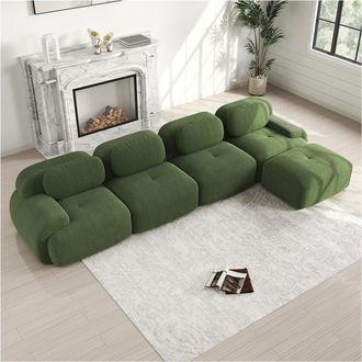 Generic L-f&ouml;rmiges modulares Cordsofa, modulares Ecksofa, Dreisitzer-Sofa, rahmenloses Sofa, ergonomisch, hochelastisch 32D gepolstert, for Wohnzimmer(Verde,4