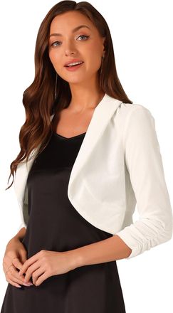 Allegra K Damen Brautjacke Samt Bolero 3/4 &Auml;rmel Vorne Offen Kurzes Cardigan Wei&szlig; XS