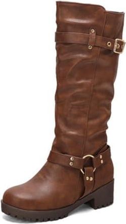 Generic Bottes Hautes Femme avec Bride Ajustable Bout Rond Talons Bas Épais Dessus en Cuir PU À Enfiler Chaussures Décontractées Quotidiennes Extérieures,Dark