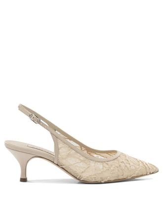 Casadei Hohe Schuhe - Pointed Toe Lace Overlay Slingback Heeled Shoes - Gr. 37 (EU) - in Beige - f&uuml;r Damen