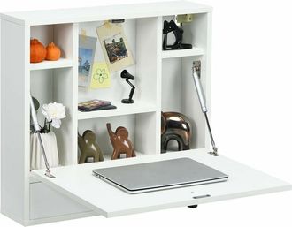 Costway Costway - Bureau mural rabattable pour ordinateur - Plateau pliable en MDF - &Eacute;tag&egrave;res int&eacute;gr&eacute;es et tiroir - Optimis&eacute; pour petits espaces
