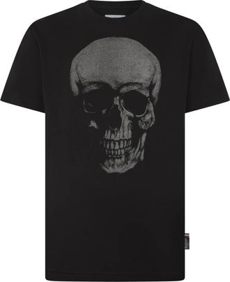 Philipp Plein Homme, Tops, Noir, Taille: 4XL Glitter Skull Round Neck T-Shirt