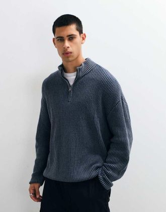 Hollister pull en tricot &agrave; zip 1/4 c&ocirc;tel&eacute; bleu