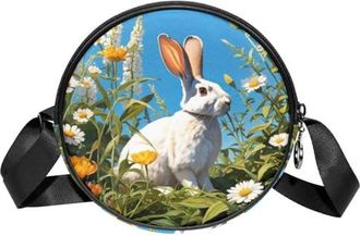 Generic Petit sac &agrave; bandouli&egrave;re circulaire pour femme, motif floral, lapin, sac &agrave; dos &agrave; bandouli&egrave;re avec fermeture &eacute;clair, bretelles r&eacute;glables, sac &agrave; main ron