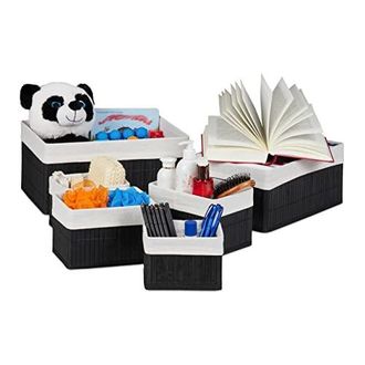 Relaxdays Aufbewahrungskorb 6er Set, Stoffbezug, Bambus, rechteckig, Bad, Accessoires, dekorativer Organizer, schwarz, 17 x 35 x 25 cm