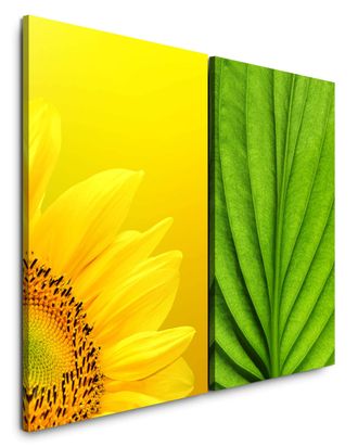 Paul Sinus Art Wandbild 2 teilig je 60x90cm Sonnenblume Gelb Grünes Blatt Pflanze Nahaufnahme Makrofotografie
