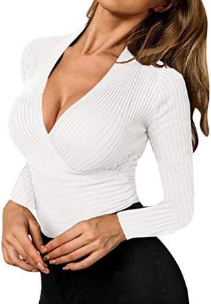 ORANDESIGNE Chemisier Sexy Femme T-Shirt Manches Longues Sweatshirt Col en V Tee Shirts Tunique Haut Top A-Blanc M