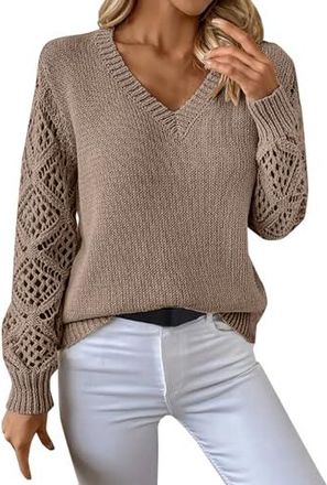 Generic Haut &eacute;l&eacute;gant pour femme - Col en V - Crochet - Couleur unie - L&eacute;ger - Pull ample - Confortable - Manches longues - Tricot basique - D&eacute;contract&eacute; - Pull