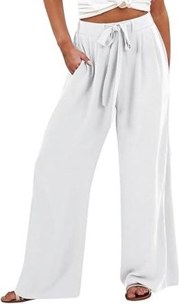 Generic Pantalon large pour femme avec taille réglable et poches amples décontractées avec noeud à nouer, 2026, blanc, XXL