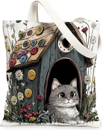 Generic Sac fourre-tout en toile motif chat persan printanier pour faire du shopping, 33 x 38,1 cm, maison de chaton amusant, sac d&eacute;picerie r&eacute;utilisable, sac 