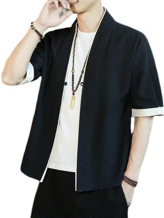 Generic Nouveau Costume Tang à Manches Cinq-Quarts de Style Chinois, Cardigan Ample boutonné de Style Japonais, Robe taoïste pour Hommes, Veste Kimono Tendanc