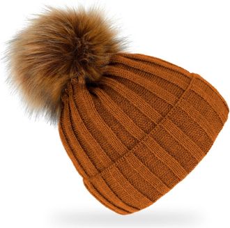 Fiebig Strickm&uuml;tze mit Kunstfell Bommel | M&uuml;tze aus Wolle mit Fleece-Futter | Beanie Made in Europe (Zimt)