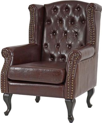 Hhg Fauteuil de luxe à oreilles Chesterfield similicuir, brun antique sans pouf