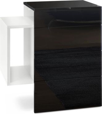 Vladon Nachttisch Queens, Made in Germany, Nachttischschrank mit 2 Schubladen und 1 seitlichem Fach zur Wandmontage, Wei&szlig; matt/Schwarz Hochglanz (60 x 63 x 3