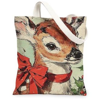 Generic Sacs fourre-tout en toile motif cerf de No&euml;l, sacs d&eacute;picerie r&eacute;utilisables, rustiques, l&eacute;gers et lavables avec bandouli&egrave;re Ca, multicolore, 13x15 Inch