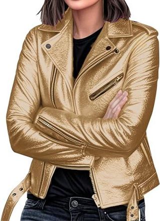 Generic Veste de motard en similicuir pour femme, manteau de moto en similicuir, veste aviateur tendance pour lautomne, dorée, taille 5XL
