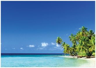 Wallario selbstklebendes Poster - Blauer Himmel weißer Strand Palmen und das tiefblaue Meer, Aufkleber in Premiumqualität, Klebefolie Größe: 70 x 100 cm (Riese