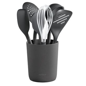 Zyliss Lot de 7 Ustensiles de Cuisine Durables en Paille de Bl&eacute;/Silicone avec Louche, Spatule, Cuill&egrave;re et Support, T&ecirc;tes en Silicone R&eacute;sistantes &agrave; la Chaleu