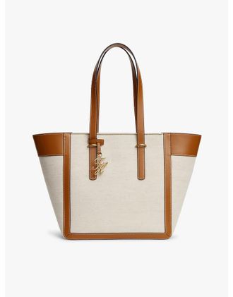 Tommy Hilfiger Canvas-Tragetasche aus Leinenmix in Braun-Bunt mit Logo-Anh&auml;nger