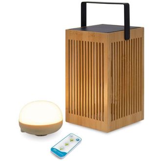 Licht-Erlebnisse Licht-erlebnisse - led Tischlampe au&szlig;en tragbar kabellos aus Holz Metall IP54 24 cm hoch 2700 k Fernbedienung Dimmer Outdoor Tischleuchte