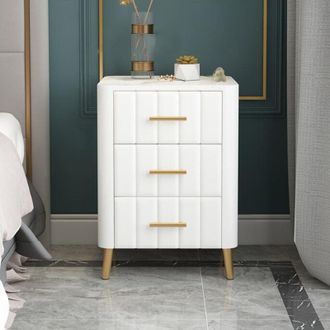 Generic Gepolsterter Nachttisch Mit 3 Schubladen, Kunstmarmorplatte Und Metallbeinen for Schlafzimmer Und Wohnzimmer (40,6 cm Breite, Rosa)(White)