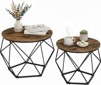 Relaxdays Couchtisch, 2er Set, Holzoptik & Metall, Industrial-Design, runde Beistelltische, Wohnzimmer, braun/schwarz