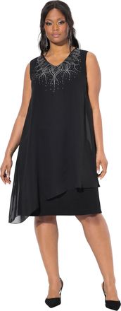 Ulla Popken Damen große Größen Übergrößen Plus Size Kleid, A-Linie, Ziersteine, V-Ausschnitt, ärmellos schwarz 50+ 836055130-50+