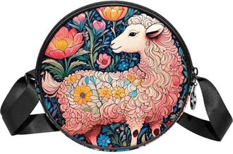 Generic Petit sac &agrave; bandouli&egrave;re rond pour femme, motif mouton color&eacute; avec fermeture &eacute;clair, bretelles r&eacute;glables, sac &agrave; main rond d&eacute;contract&eacute; pour femmes et fi