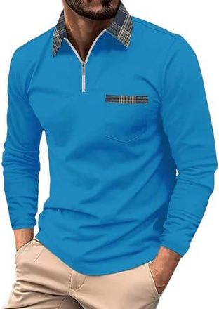 Generic Polo à manches longues pour homme, t-shirts contrastés de couleur contrastée, chemise de golf décontractée boutonnée, haut tendance, Z01-blue Polo à m