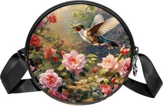 Generic Sac &agrave; bandouli&egrave;re rond pour femme, motif colibri, fleurs, petit sac &agrave; dos &agrave; bandouli&egrave;re avec fermeture &eacute;clair, bretelles r&eacute;glables, sac &agrave; main rond d&eacute;