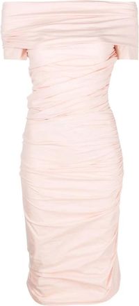 Philosophy di Lorenzo Serafini Femme, Robes, Rose, Taille: 36 FR Robe midi &agrave; &eacute;paules d&eacute;nud&eacute;es et encolure carr&eacute;e fronc&eacute;e