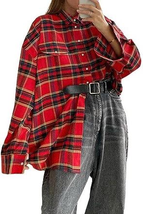 ORANDESIGNE Chemisier Carreaux Femme Chemise T-Shirt Casual D&eacute;contract&eacute;e Classique Retro Ecossaise Flanelle Blouse Gilet Vintage A Rouge L