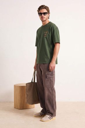 Trendyol MAN Herren Khaki Landschaftsprint Kurz Oversize T-Shirts