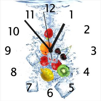 Wallario Design Wanduhr Obst-Eisw&uuml;rfel-Mix im Wasser mit wei&szlig;em Hintergrund aus Echtglas, Gr&ouml;&szlig;e 30 x 30 cm mit schwarzen Zeigern