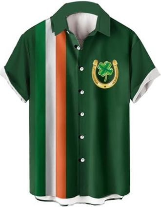 Generic DENGJIAMY Chemise boutonn&eacute;e pour homme avec chapeau vert coeur bi&egrave;re tr&egrave;fle &agrave; manches courtes hawa&iuml;en, vert militaire, 5XL