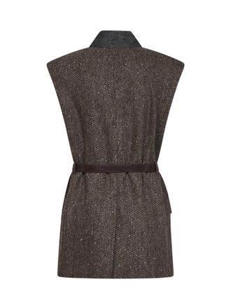 Brunello Cucinelli Womens Belted Chevron Vest Brown Virgin Wool Jacket