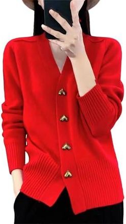 Generic Cardigan en tricot pour femme - Style d&eacute;contract&eacute; - Col en V - Manches longues - Streetwear r&eacute;tro, Rouge, Taille XS