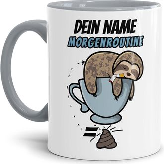 Tassendruck Tasse mit Spruch - Morgenroutine Faultier: Kaffee Kippen Kacken - mit Name Personalisieren - Lustige Kaffeetasse, Geschenk für Freunde, Kumpels, Männe