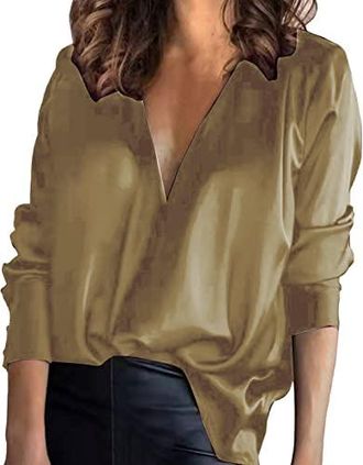 Generic Chemisier en satin pour femme - &Eacute;l&eacute;gant col en V - Manches longues - Haut habill&eacute; - D&eacute;contract&eacute; - Toucher soyeux - Coupe ample - Haut de bureau - Chem