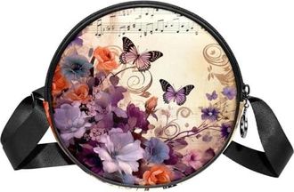 Generic Sac &agrave; bandouli&egrave;re rond pour femme, motif floral et notes de musique, petit sac &agrave; dos &agrave; bandouli&egrave;re avec fermeture &eacute;clair, bretelles r&eacute;glables, sac &agrave; m