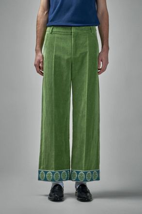 Valentino Washed Cotton-Linen Velvet Trousers with Jacquard Hems