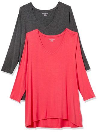 Amazon Essentials Damen Swing-T-Shirt mit 3/4-Ärmeln und V-Ausschnitt (erhältlich in Übergröße), 2er-Pack, Dunkelgrau Meliert/Rot, M