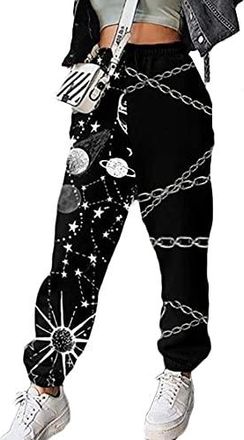 Onsoyours Pantalon Décontracté Femme Taille Elastique Pantalon De Sport Jambe Large À Cheville Imprimé des Motifs Tendance 3 Noir L